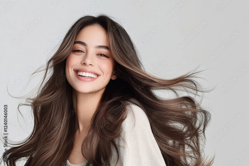 a gorgeous Indian women smiling, with stilled nice looking neet black ...