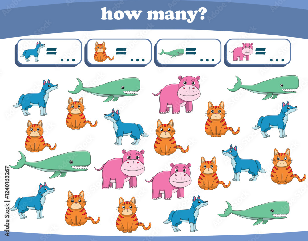 Counting game of wild animals for preschool kids. Printable. Vector ...