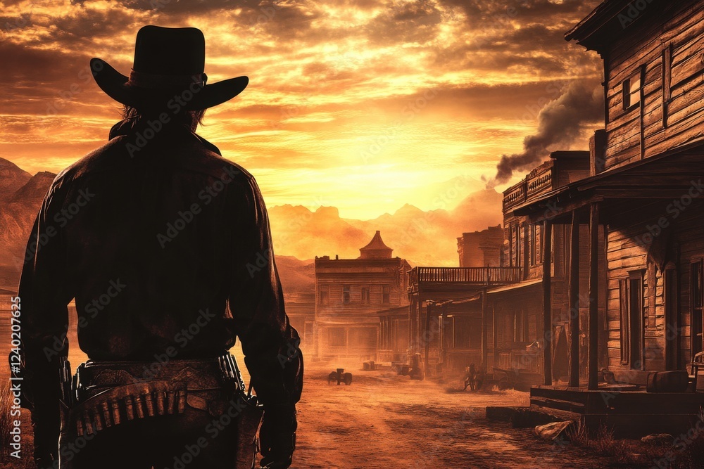 Wild West Outlaw: A rugged outlaw in classic cowboy attire, standing in ...