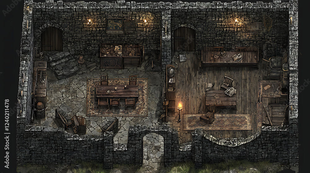 Medieval castle interior stone room, furniture, map. RPG game asset ...