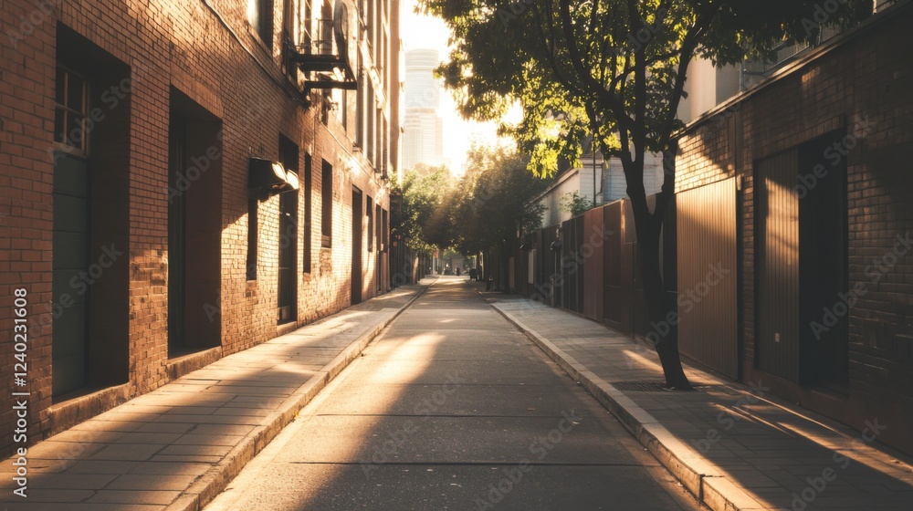 Sunlit city alleyway, early morning, urban scene, quiet atmosphere ...