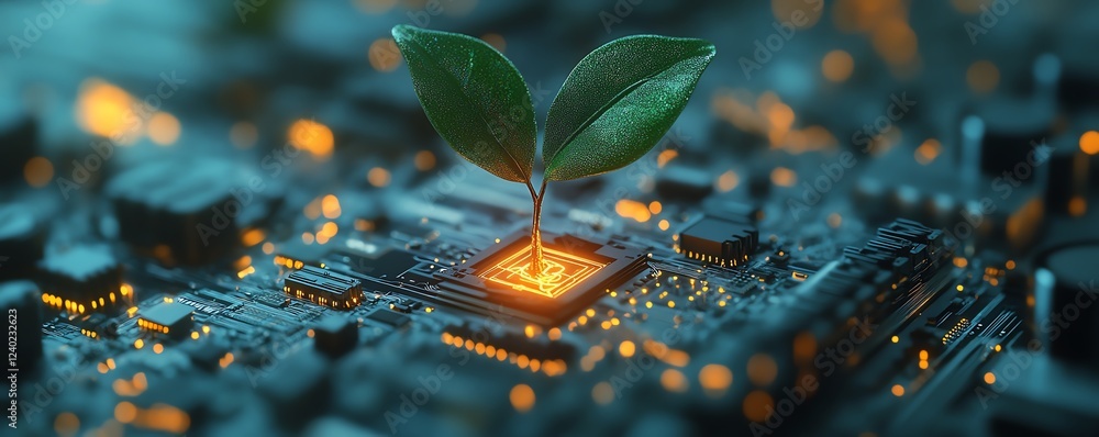 Tech growth concept, seedling emerging from a digital motherboard ...