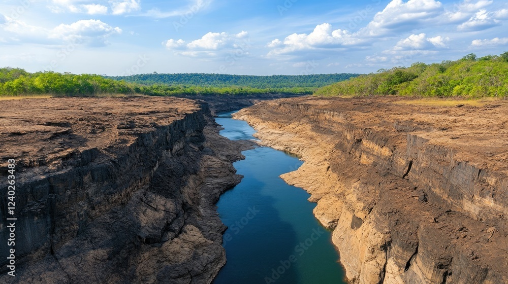 Polluted river winding through a deforested and degraded landscape ...