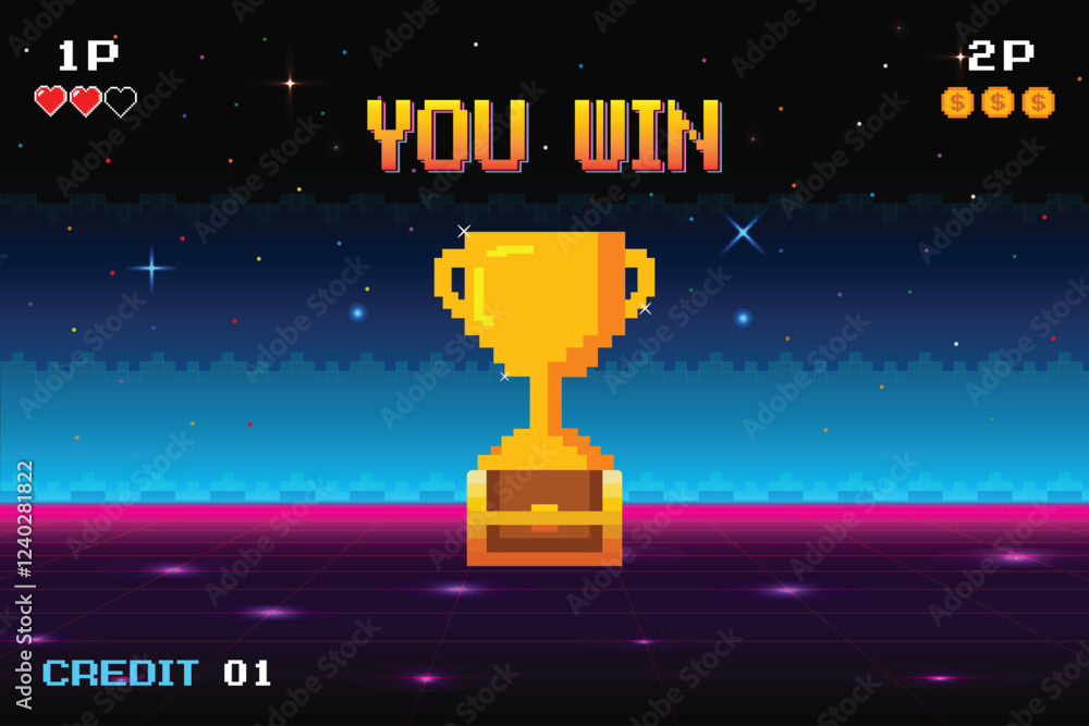 "You Win" text with gold trophy on treasure chest. on dark blue ...