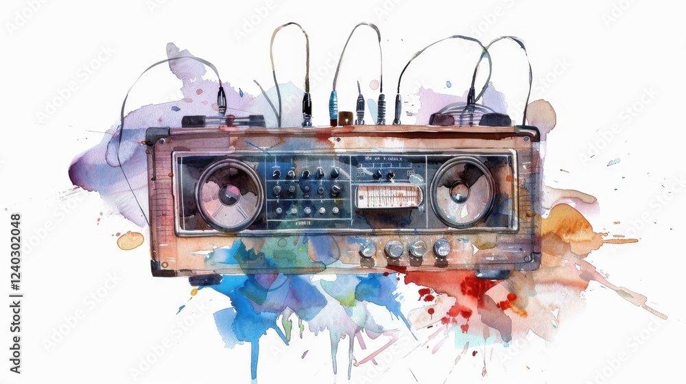 Vintage radio watercolor art with colorful paint splashes for retro ...