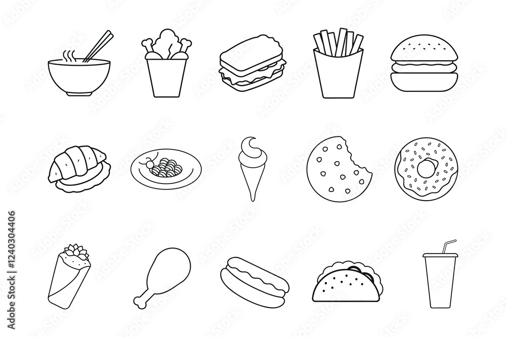 Collection of outline food icons set. Simple line art icons of various ...