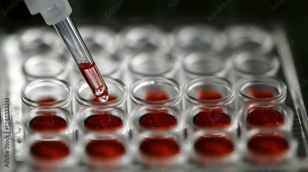 Micropipette Dispensing Red Liquid into Wells Scientific Research Lab ...