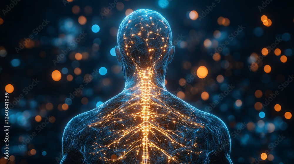 3D render of the human nervous system glowing with energy in dark ...