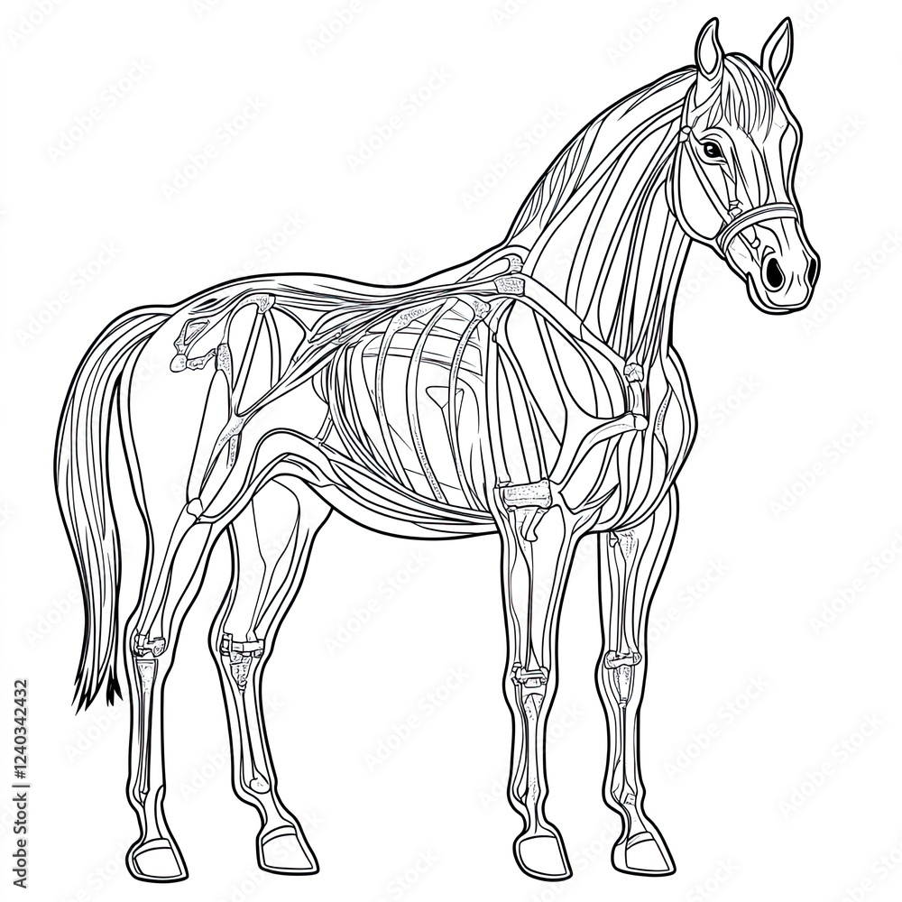 Detailed Horse Anatomy Illustration Labeled Diagram for Coloring Book ...