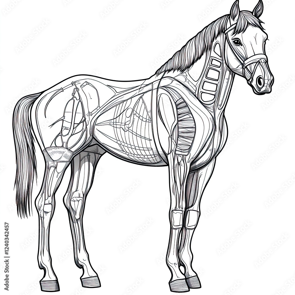 Detailed Horse Anatomy Illustration Labeled Diagram for Coloring Book ...