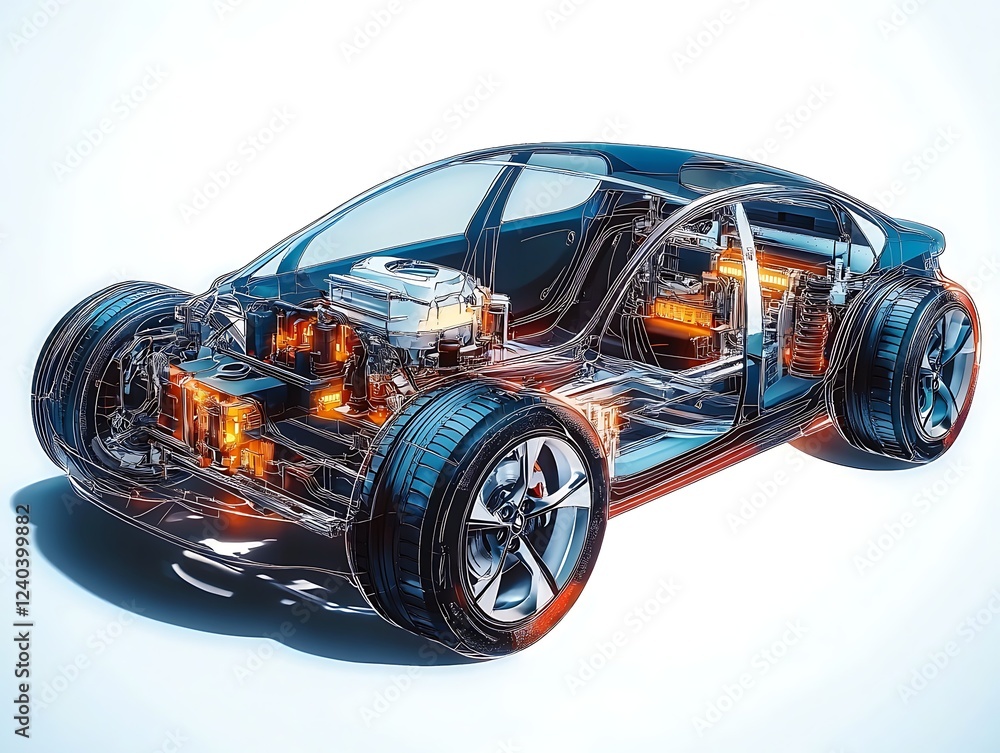 Electric car technical cutaway with all main details of EV system in ...