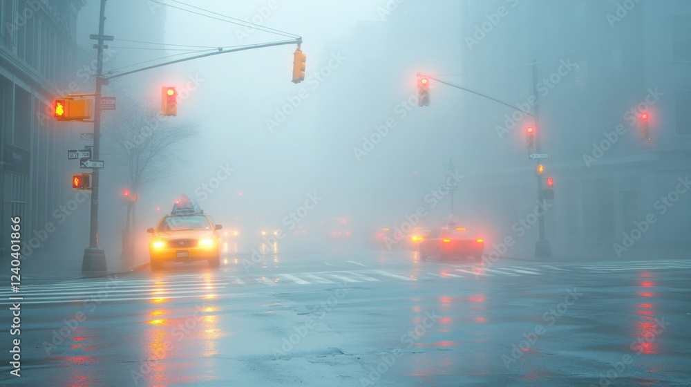 City intersection shrouded in dense fog with headlights reflecting off ... City intersection shrouded in dense fog with headlights reflecting off ...