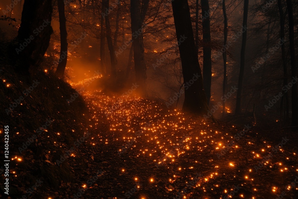 Forest path illuminated by glowing embers amidst a smoky atmosphere ...