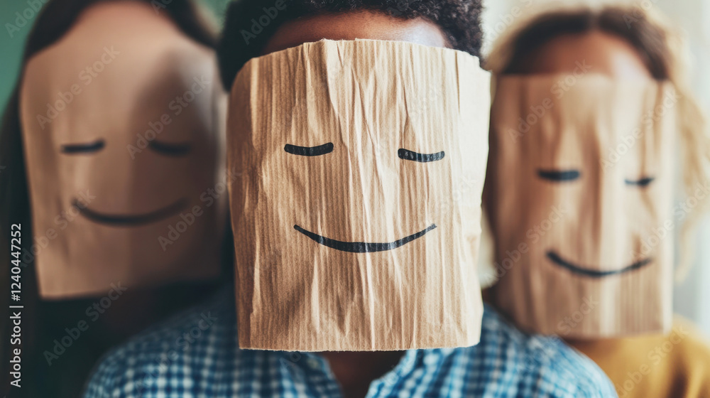 Group of teenagers hiding their faces behind cardboard masks featuring ...