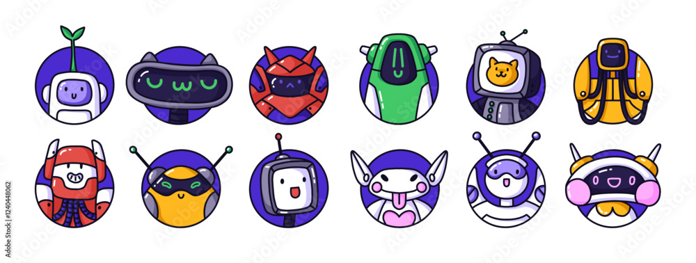 Circle robot avatars set. Round shape portraits of different cute ...