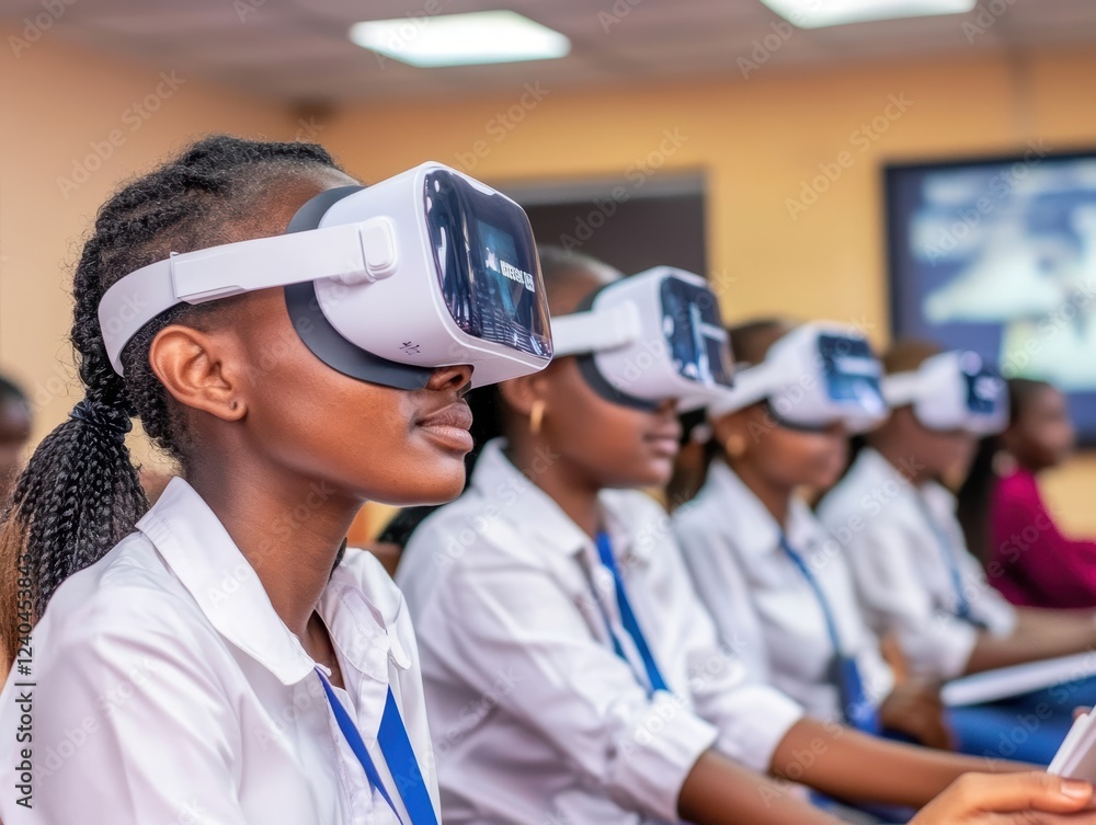 Students engage in virtual reality learning, wearing headsets in a ...