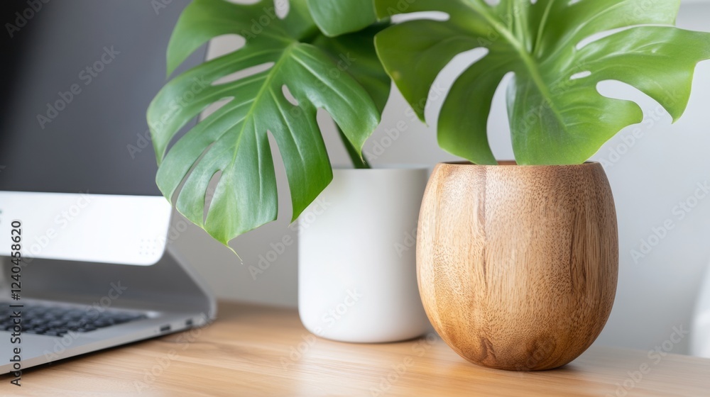 Natural Workspace Aesthetic Laptop and Monstera in Wooden Planter on ...