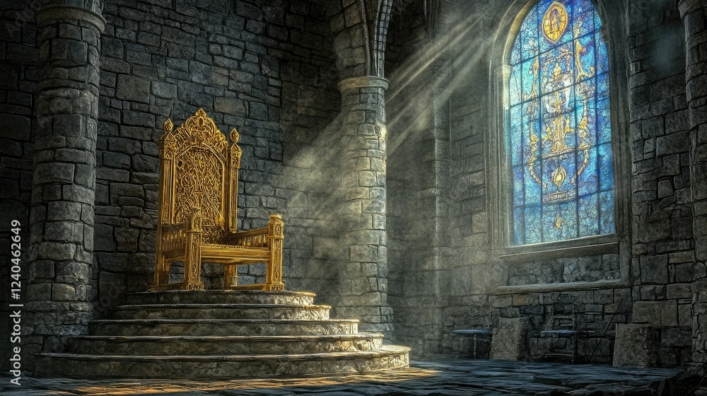 Majestic castle hall featuring a golden throne elevated on a platform ...