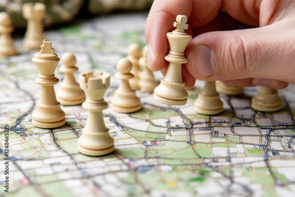 Hand holding king chess piece over map, chess pieces on city map ...