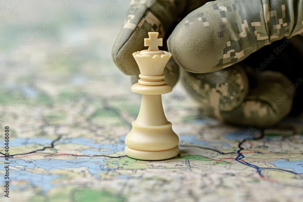 Camouflaged gloved hand placing king chess piece on map, suggesting ...
