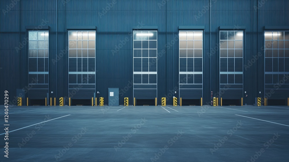 The front view of a modern warehouse, with symmetrical glass panels and ...