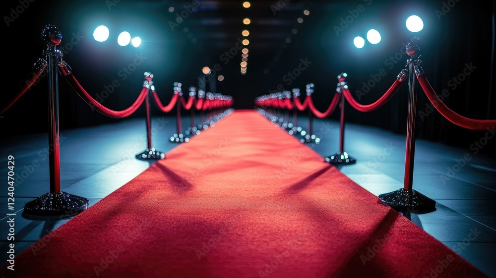 The iconic red carpet, lined with velvet ropes and spotlights, ready ...
