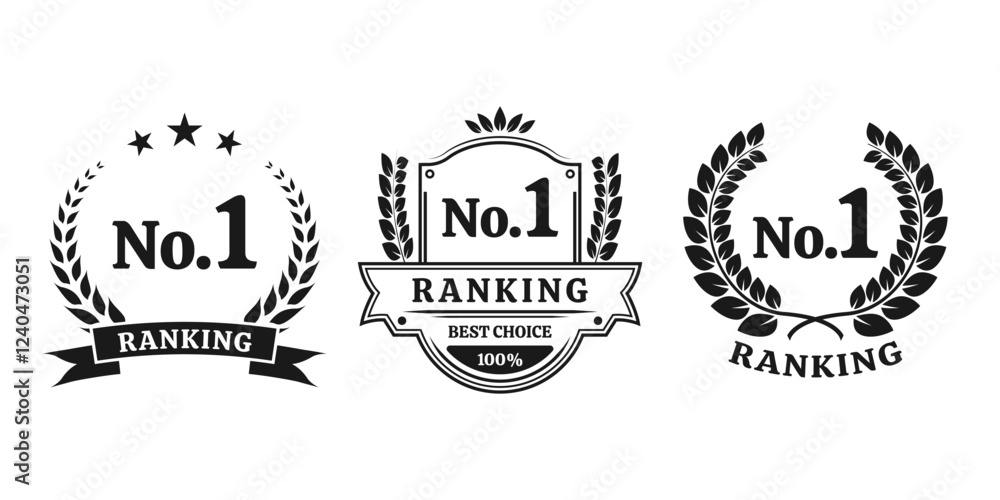 No. 1 rank icon set. Ranking award with laurel wreath. First place ...