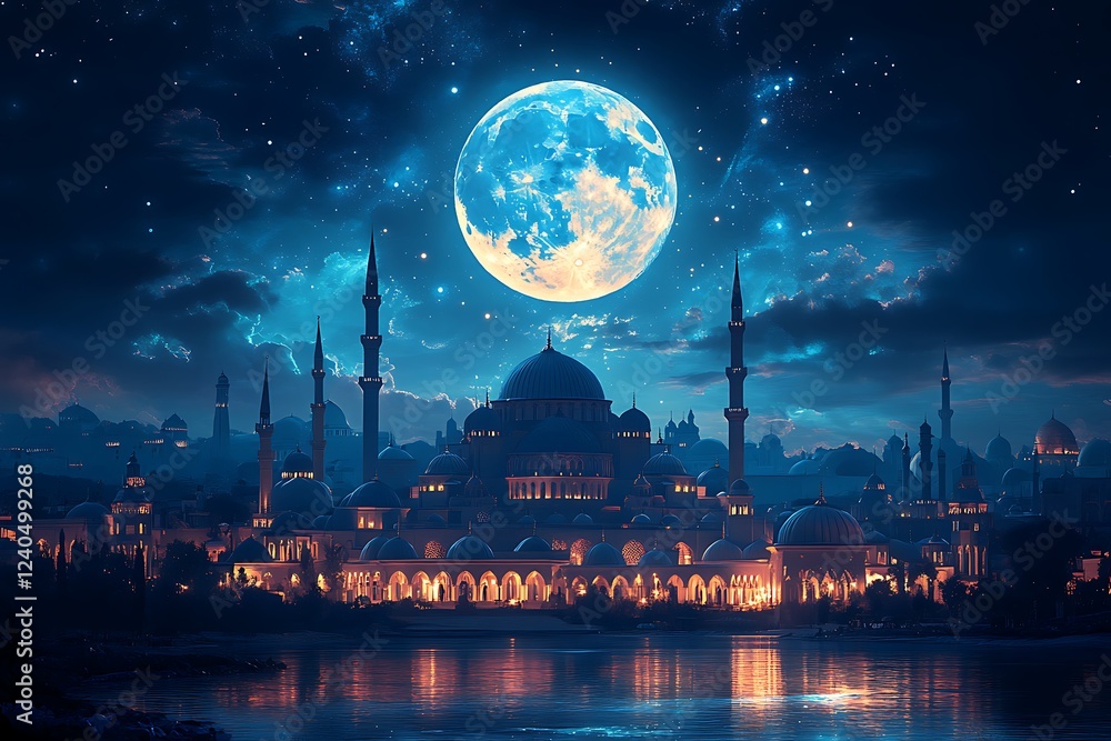 Grand Mosque Under a Full Moon with Starry Reflections Stock ...