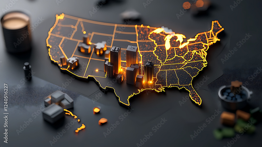 Glowing lights map of the us showcasing major cities urban landscape ...