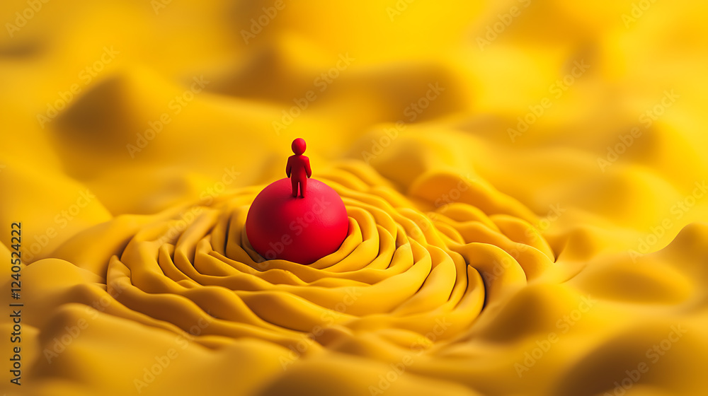 Bold red figure standing out in a yellow landscape art installation ...