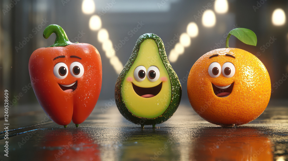 three 3D characters outdoors, a silly sweet pepper, a smart avocado and ...