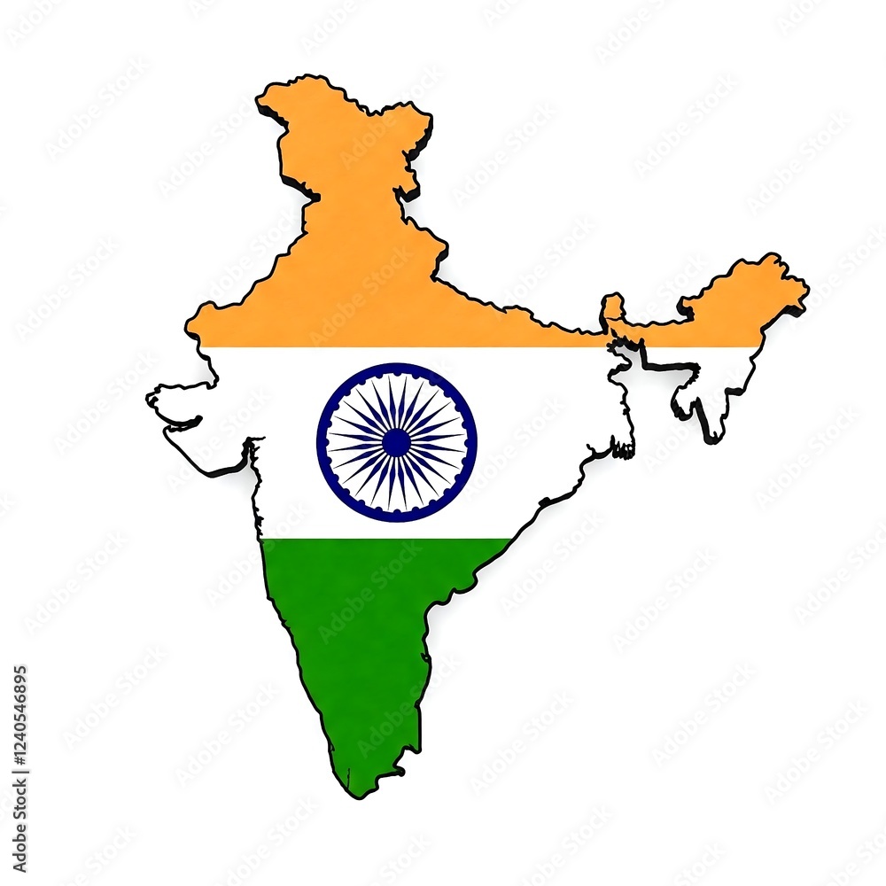 India map outlined in a black line and Indian flag pattern isolated on ...