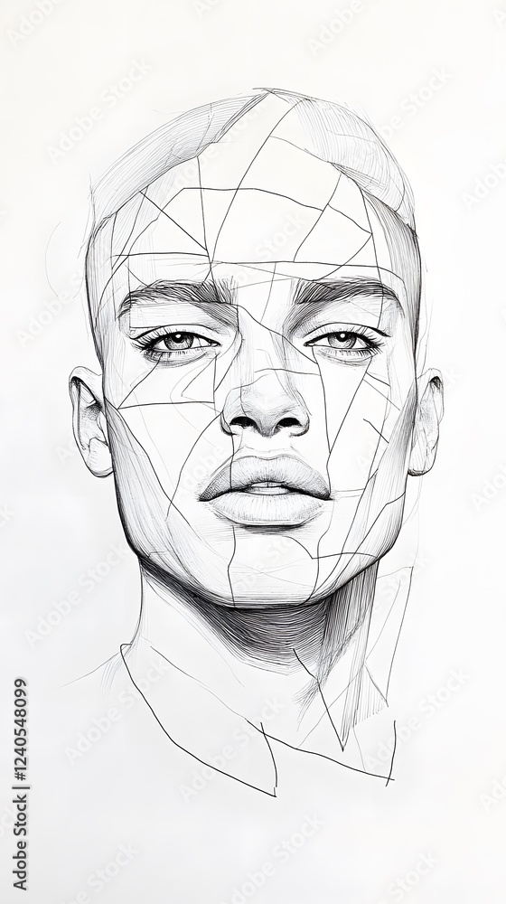 9. A front-facing portrait showing the strong structure of a man's face ...