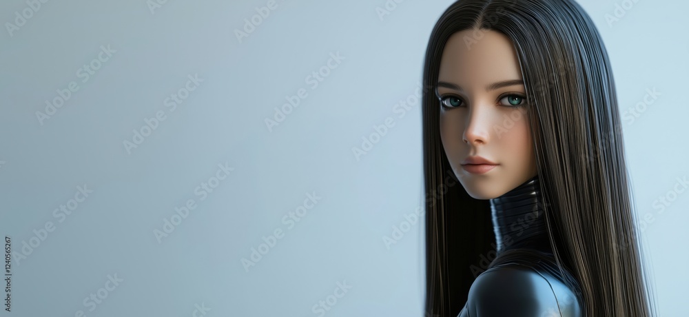 Realistic humanoid robot with long black hair and striking blue eyes ...