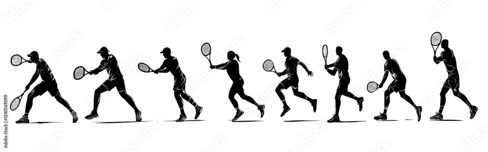 A collection of squash player silhouettes featuring both male and ...