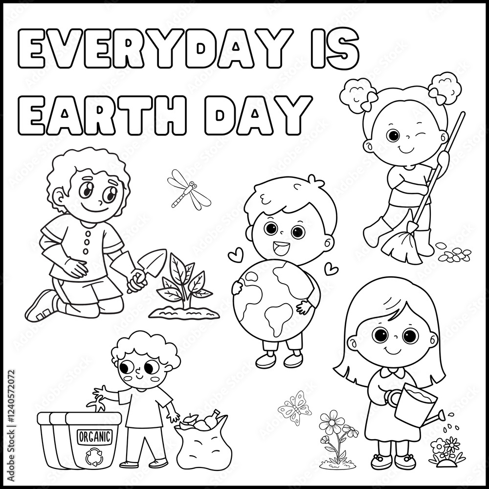 Vector black and white line template with kids character ecological ...