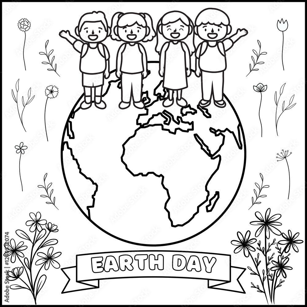 Vector black and white line template with globe and kids, ecological ...