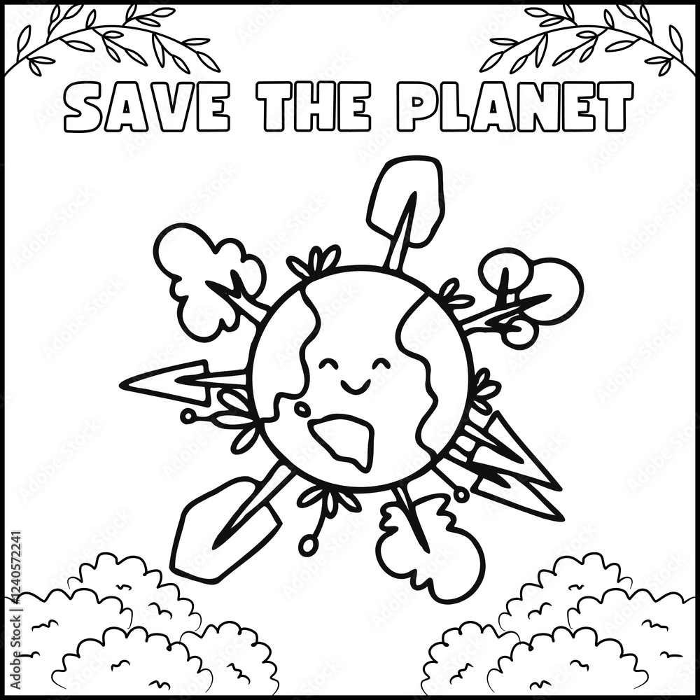 Vector black and white eco life scene with earth template with line ...