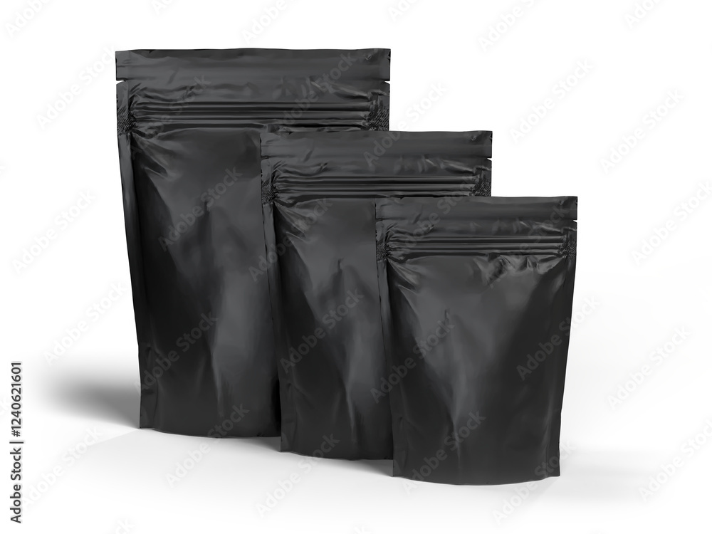3D Realistic blank black pouch plastic bag mockup with zipper isolated ...