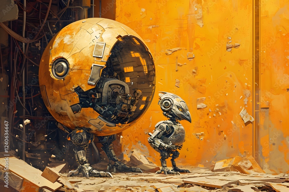 Futuristic robotic chick hatching from a massive mechanical egg in a ... Futuristic robotic chick hatching from a massive mechanical egg in a ...