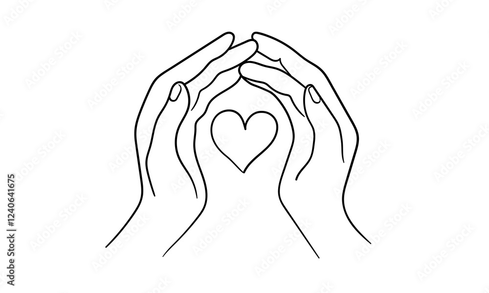 Two hands hugging a heart, continuous line drawing isolated on white ...