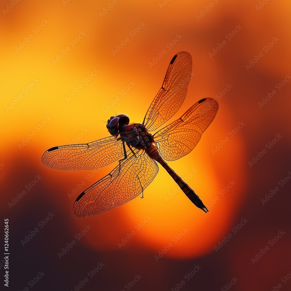 Dragonfly in flight against a vibrant sunset sky over water landscape ...