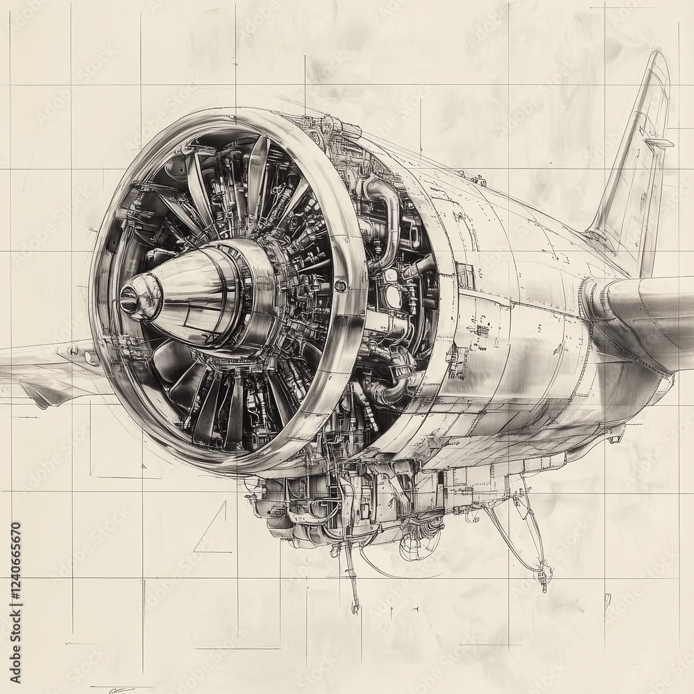 A detailed pencil sketch of an airplane engine, with intricate drawings ...