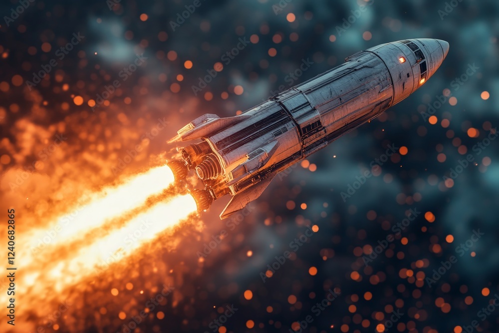 Rocket launch with fiery exhaust during a dramatic nighttime ascent ...