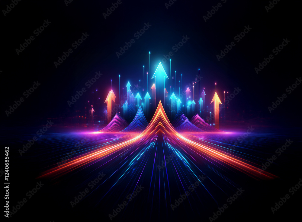 Abstract illustration of glowing upward arrows forming a converging ...