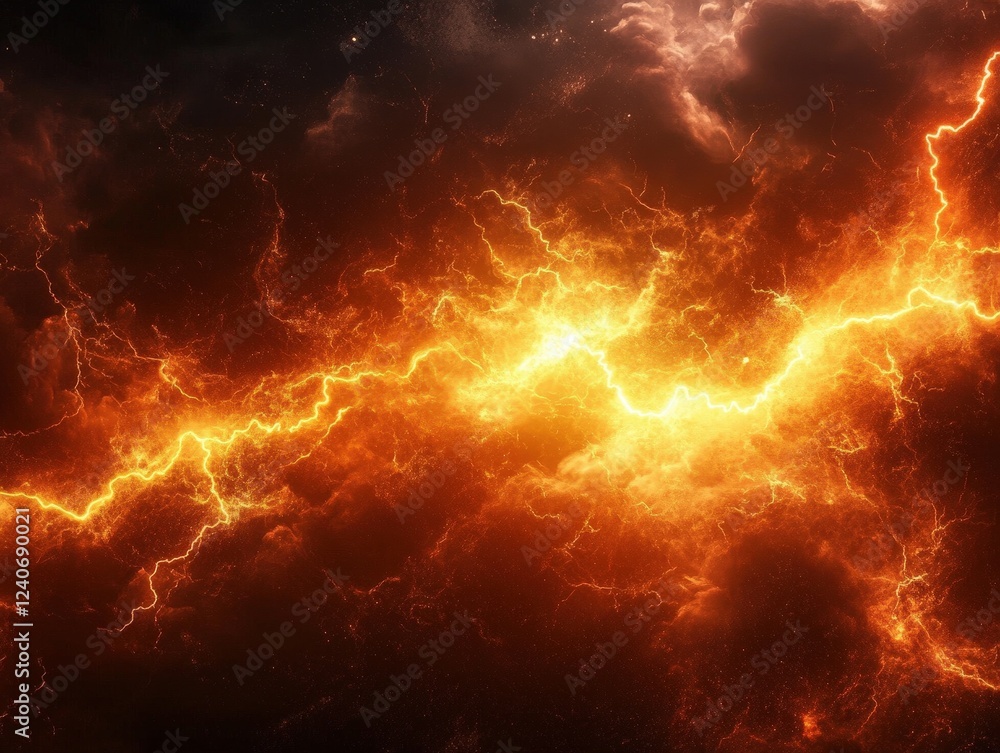 Dynamic electric lightning bolt on a fiery dramatic stormy sky ...