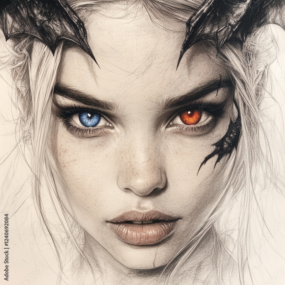 Hyperdetailed pencil drawing of girl with one angel and one devil side ...