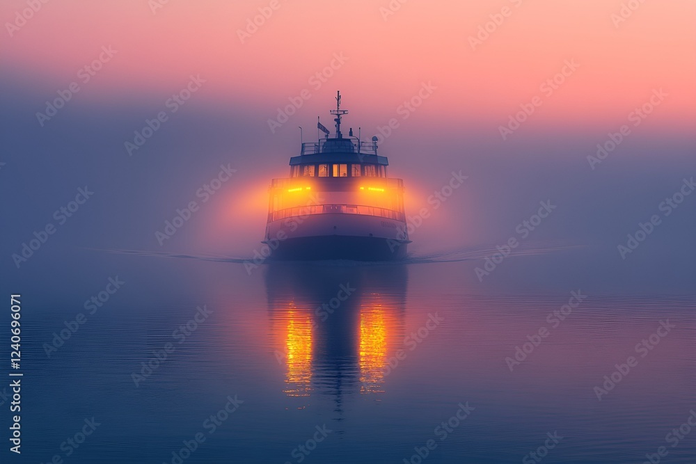 Passenger ferry illuminated by soft lights sailing through dense fog ...