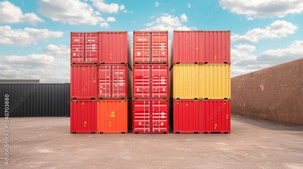 Stacked shipping containers in an outdoor yard under a cloudy sky ...