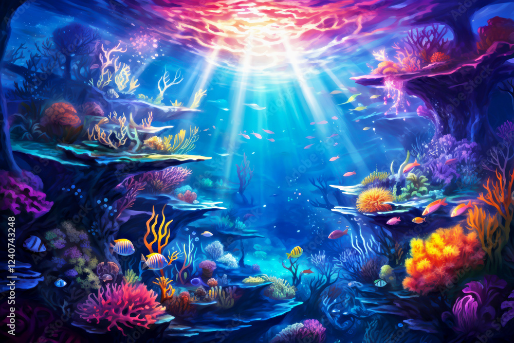 Rainbow background. Underwater coral reef filled with marine life ...